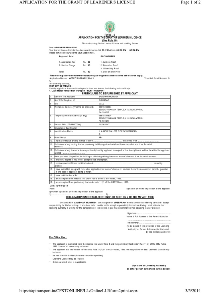 Form - 2 Application For The Grant of Learner'S Licence (See Rule 10 ...