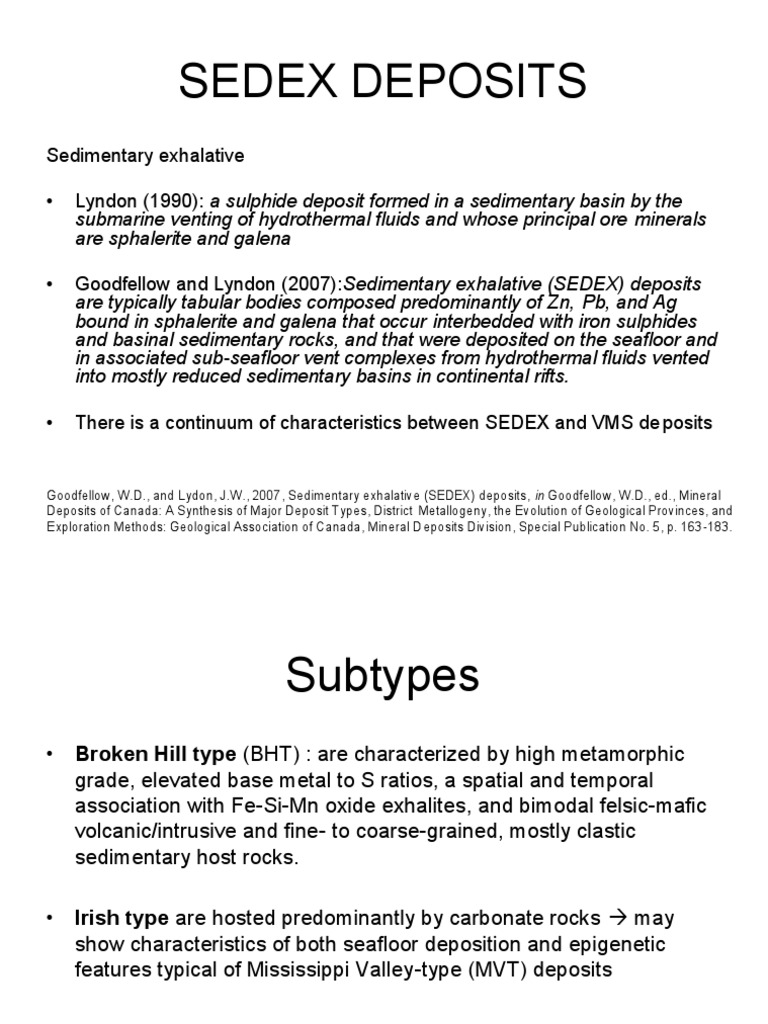 Sedex Deposits: Sedimentary Exhalative - Lyndon (1990) : A Sulphide ...