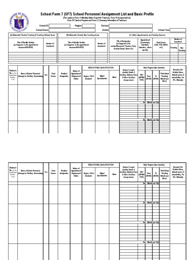 SF 7 School Personnel Assignment List and Basic Profile | PDF ...