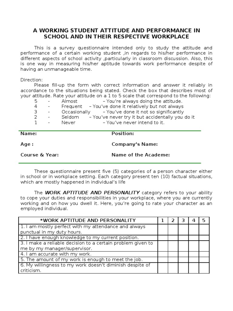 A Working Student Attitude and Performance in School and In | Survey ...