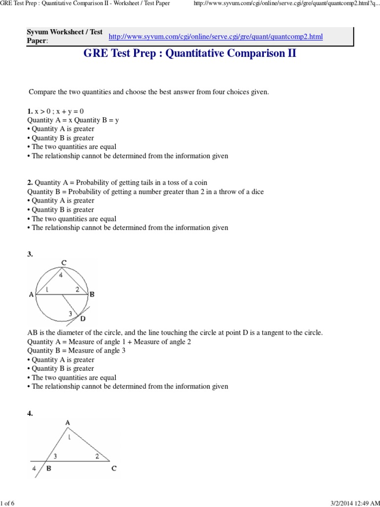 GRE Test Prep - Quantitative Comparison II - Worksheet - Test Paper ...