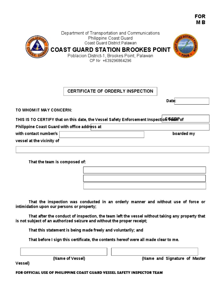 Certificate Of Inspection Template