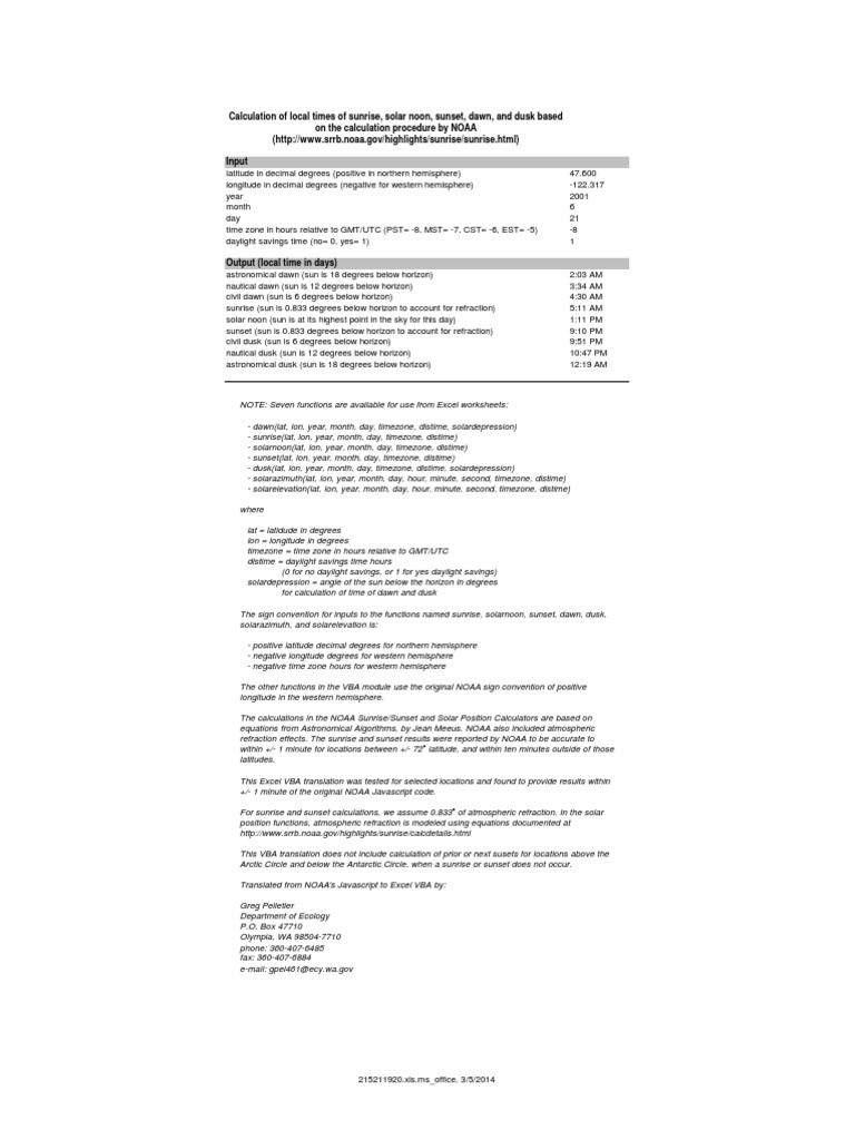 NOAA Sunrise and Sunset Calculations | PDF | Sunset | Dawn
