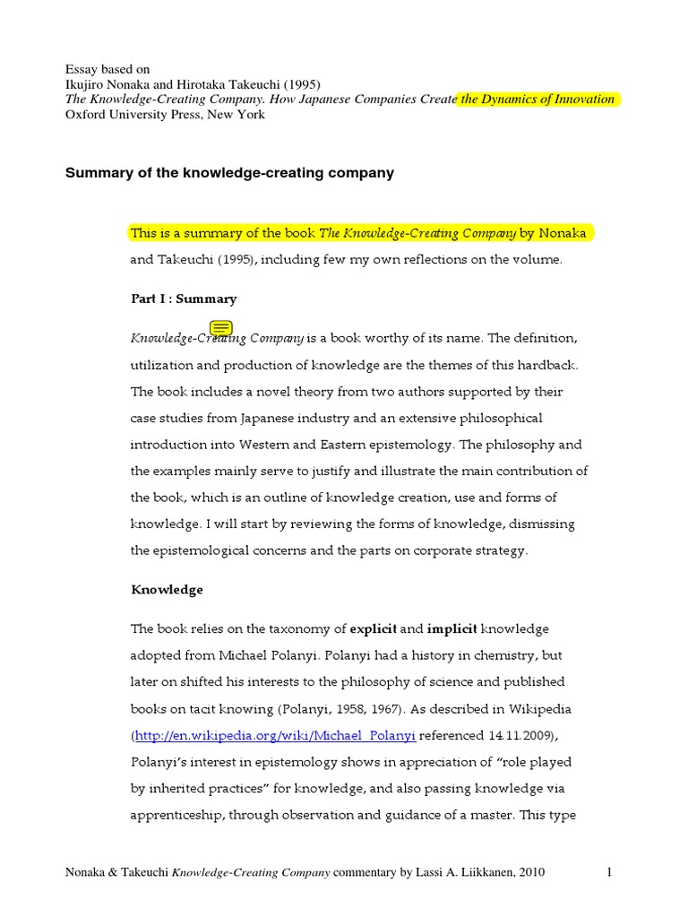 100120-Nonaka and Takeuchi 1995 Summary | PDF | Tacit Knowledge | Socialization