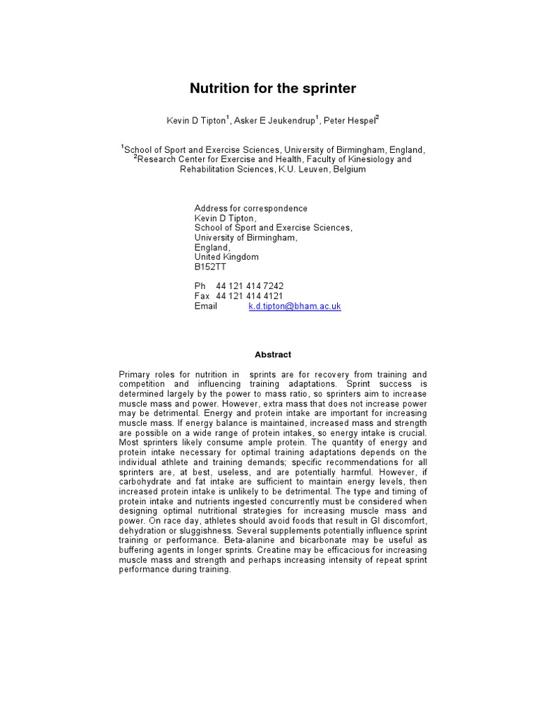 Nutrition For Sprinter | PDF | Muscle Hypertrophy | Muscle