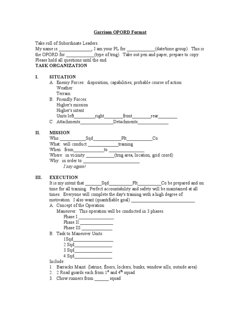 Garrison OPORD Skeleton | PDF