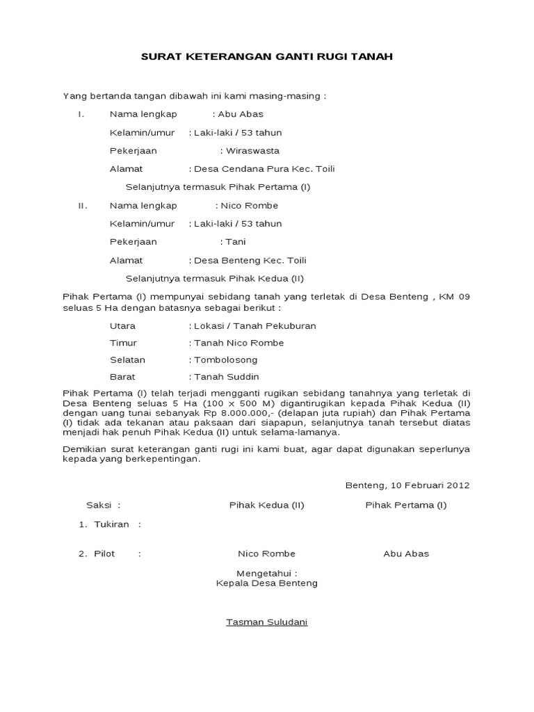 Surat Ganti Rugi Tanah | PDF