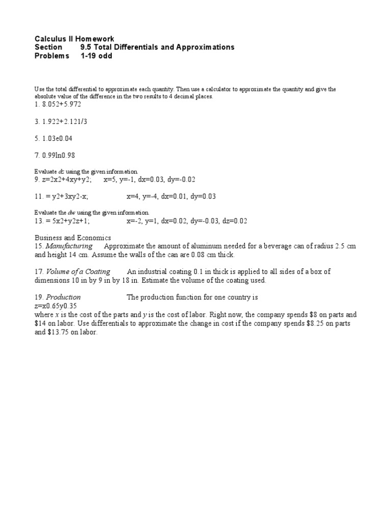 Calculus Ii Homework Section 95 Total Differentials And Approximations