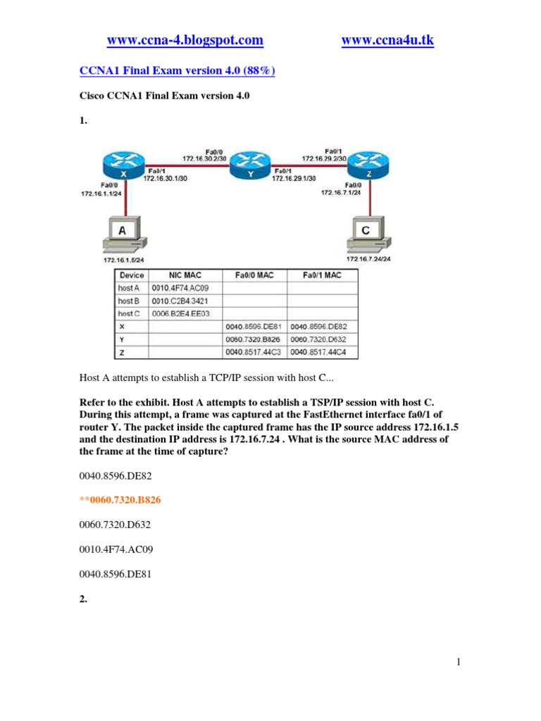 CCNA1 Final Exam Version 4.0 Questions | PDF | Ip Address | Computer ...