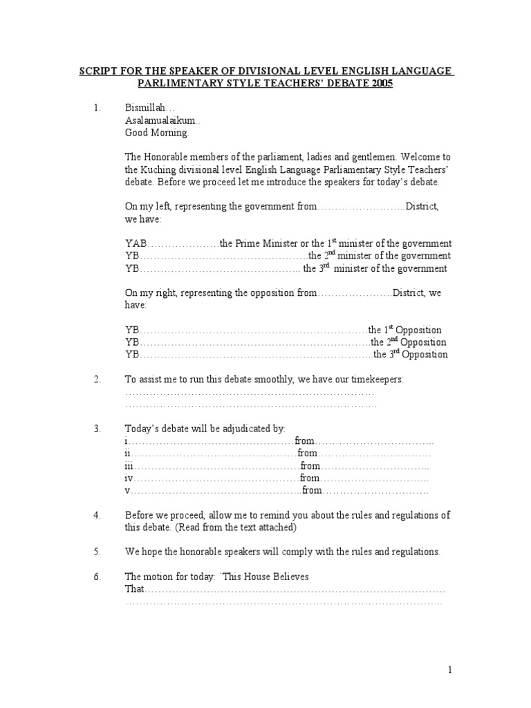 Script For The Speaker of English Debate | PDF | Government