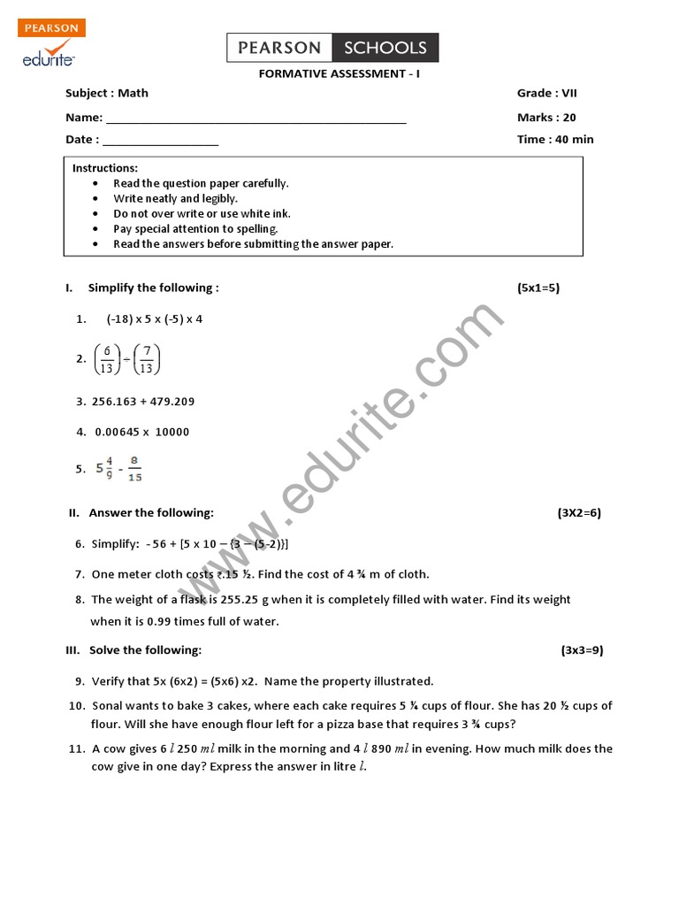 Class 7 Cbse Maths Question Paper | PDF | Teaching Methods & Materials