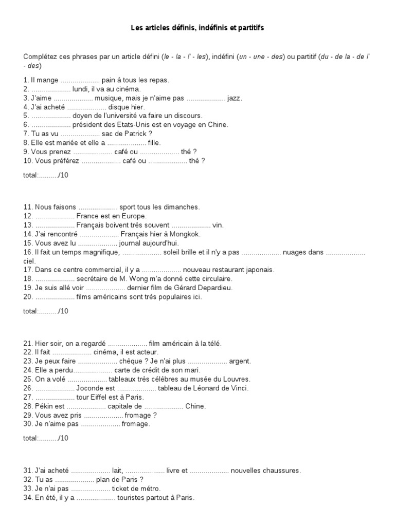 Les Articles Definis, Indefins, Partitifs - Exercices | PDF | Paris ...