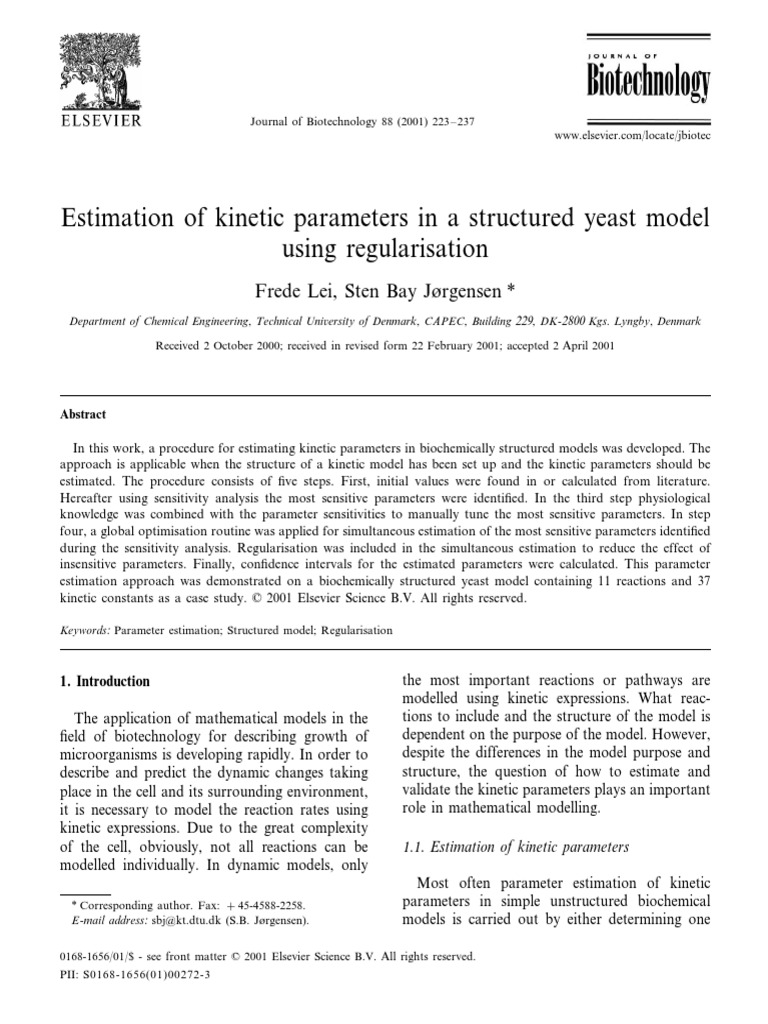 Estimation of Kinetic Parameters in A Structured Yeast Model Using Regularisation | PDF ...