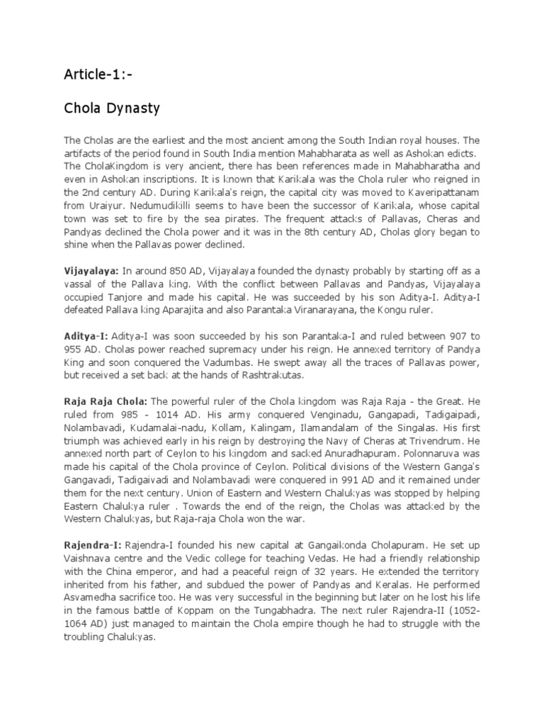 Chola Dynasty | PDF | Former Empires Of Asia | Tamils