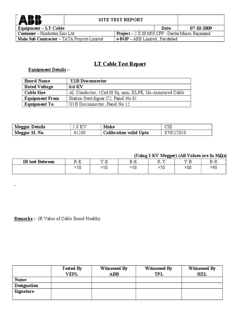 LT Cable Test Report | PDF