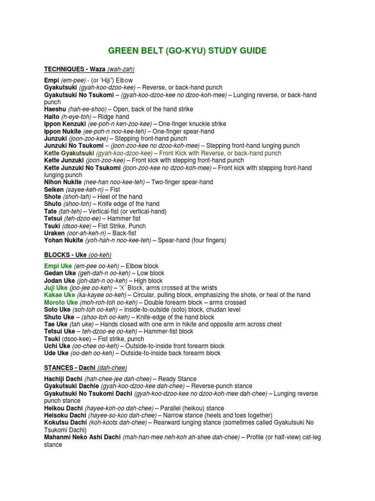 Green Belt Study Guide | PDF | Karate | Combat Sports