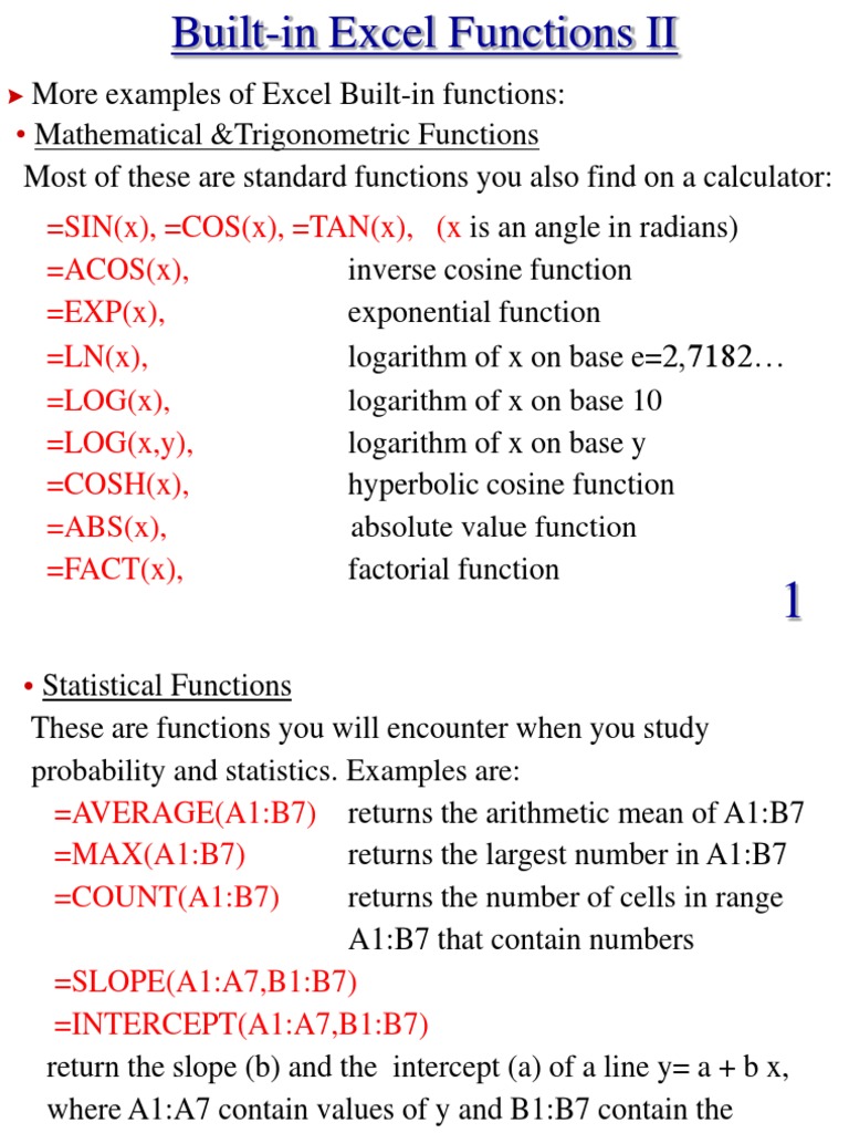 Excel Built-in Functions Guide | PDF | Trigonometric Functions | Function (Mathematics)
