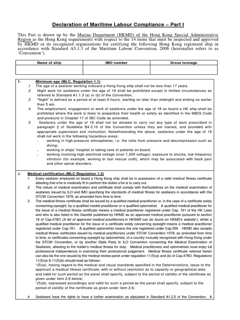 Declaration of Maritime Labour Compliance - Part I | PDF | Sailor ...
