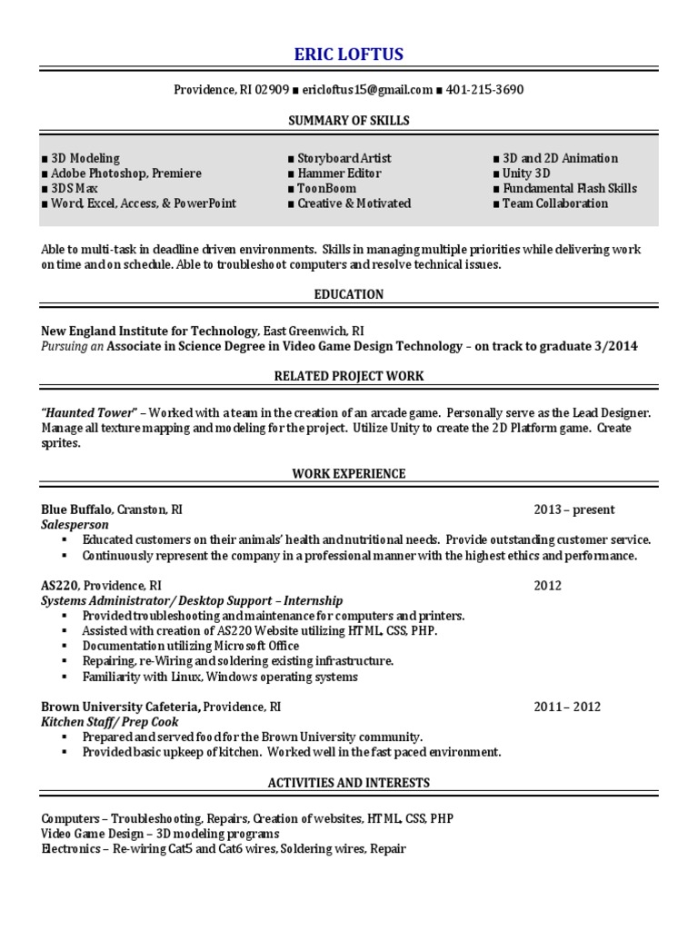 3D Modeling & Animation Skills Resume | PDF