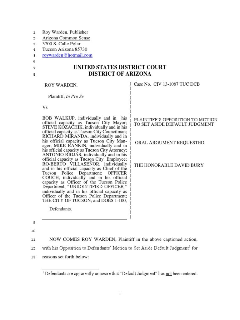 WARDEN'S OPPOSITION TO TUCSON MOTION TO SET ASIDE DEFAULT JUDGMENT | Default Judgment | Complaint