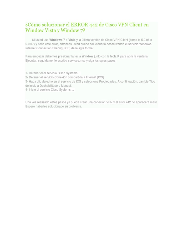 Cómo Solucionar El ERROR 442 de Cisco VPN Client en Window Vista y ...