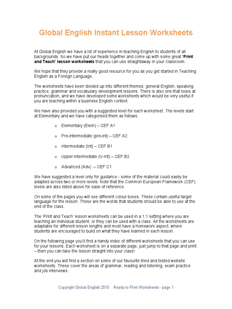 Global English Instant Lesson Worksheets-1-2 | PDF | Teaching English ...