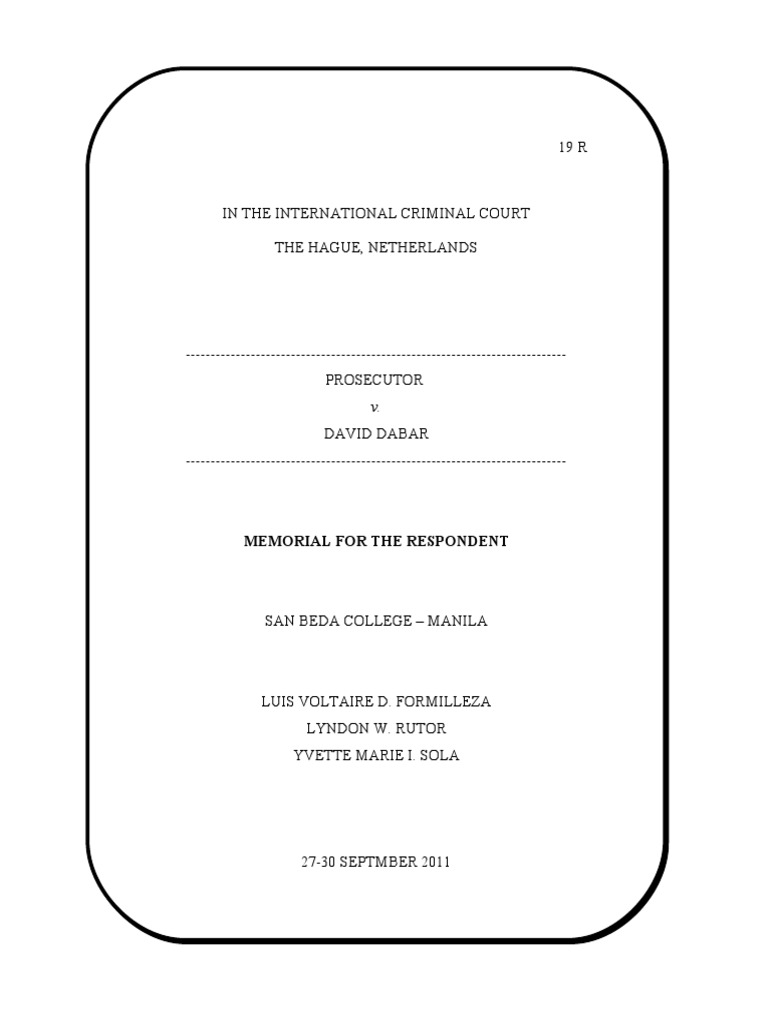 Sample Respondent Memorial | PDF | International Criminal Court | International Committee Of The ...