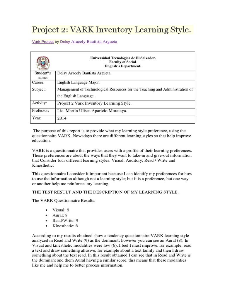 Vark Inventory Leaning Style | PDF | Learning Styles ...