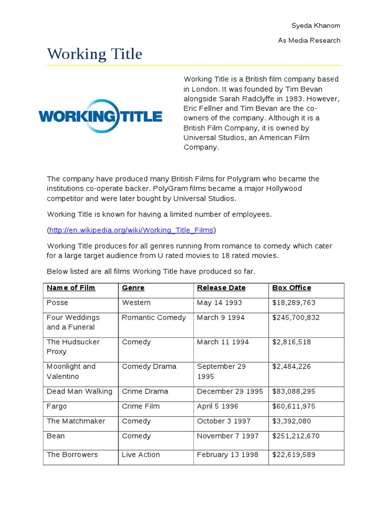 Overview of Working Title Films | PDF | Leisure | Entertainment (General)