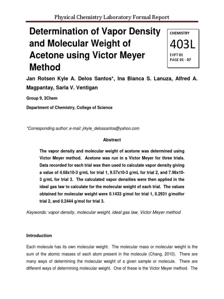 Acetone Molecular Weight via Victor Meyer | PDF | Molecular Mass | Gases
