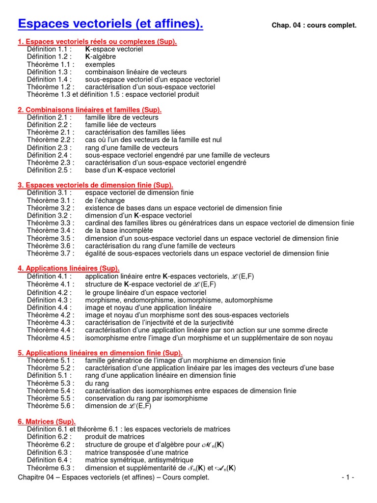 04 - Espaces Vectoriels Et Affines Cours Complet | PDF | Espace vectoriel | Base (algèbre linéaire)