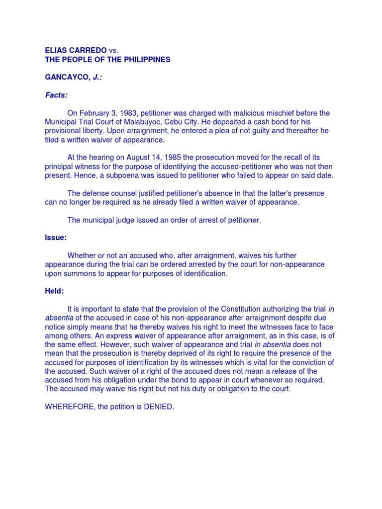 Carredo V People Digest | PDF | Arraignment | Plea