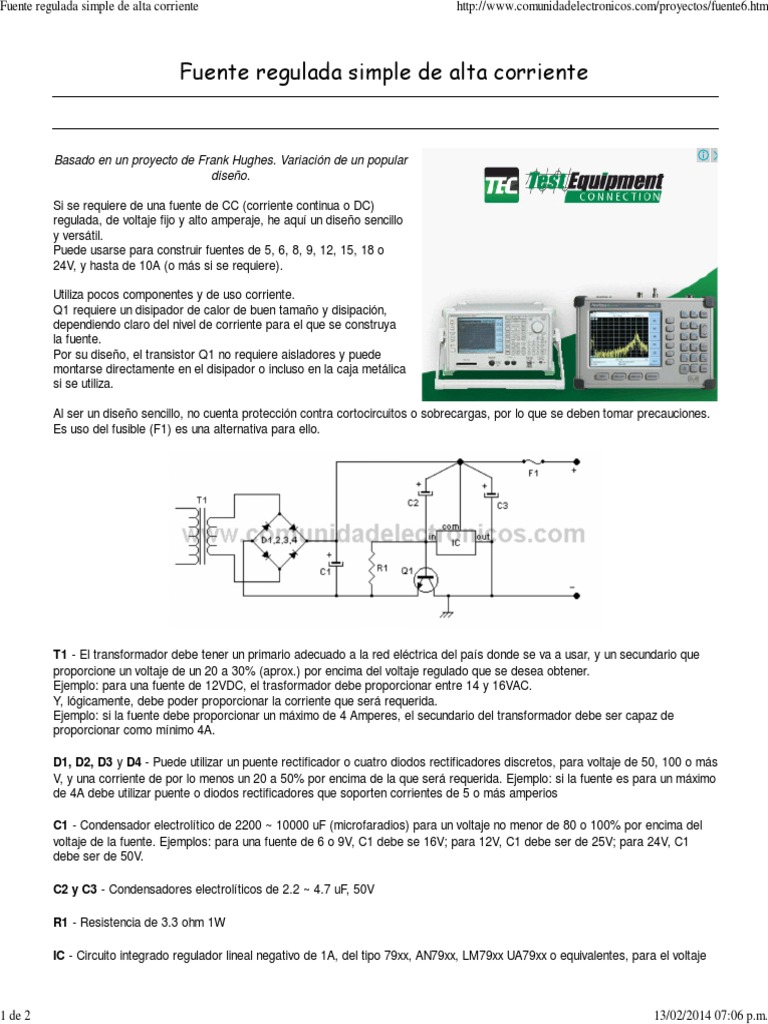 Fuente Regulada Simple de Alta Corriente | PDF | Transformador ...