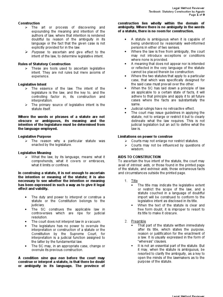 Staututory Construction (Ruben Agpalo) - Summary | PDF | Statutory Interpretation | Precedent