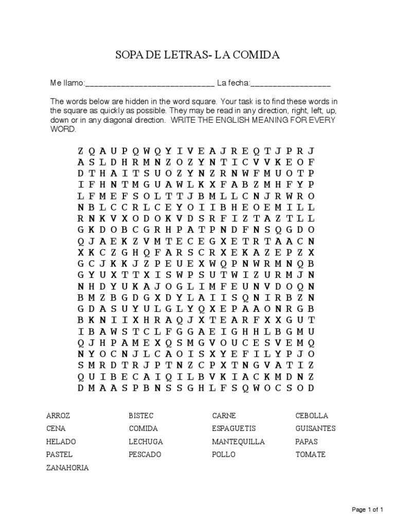 Sopa de Letras: Comida para Niños | PDF | Artes del Lenguaje y ...