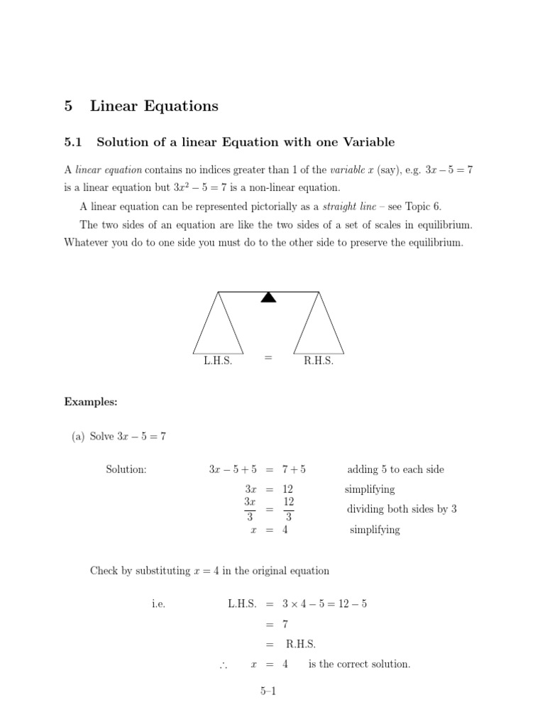 5 Linear Equations 5 1 Solution Of A Linear Equation With One Variable