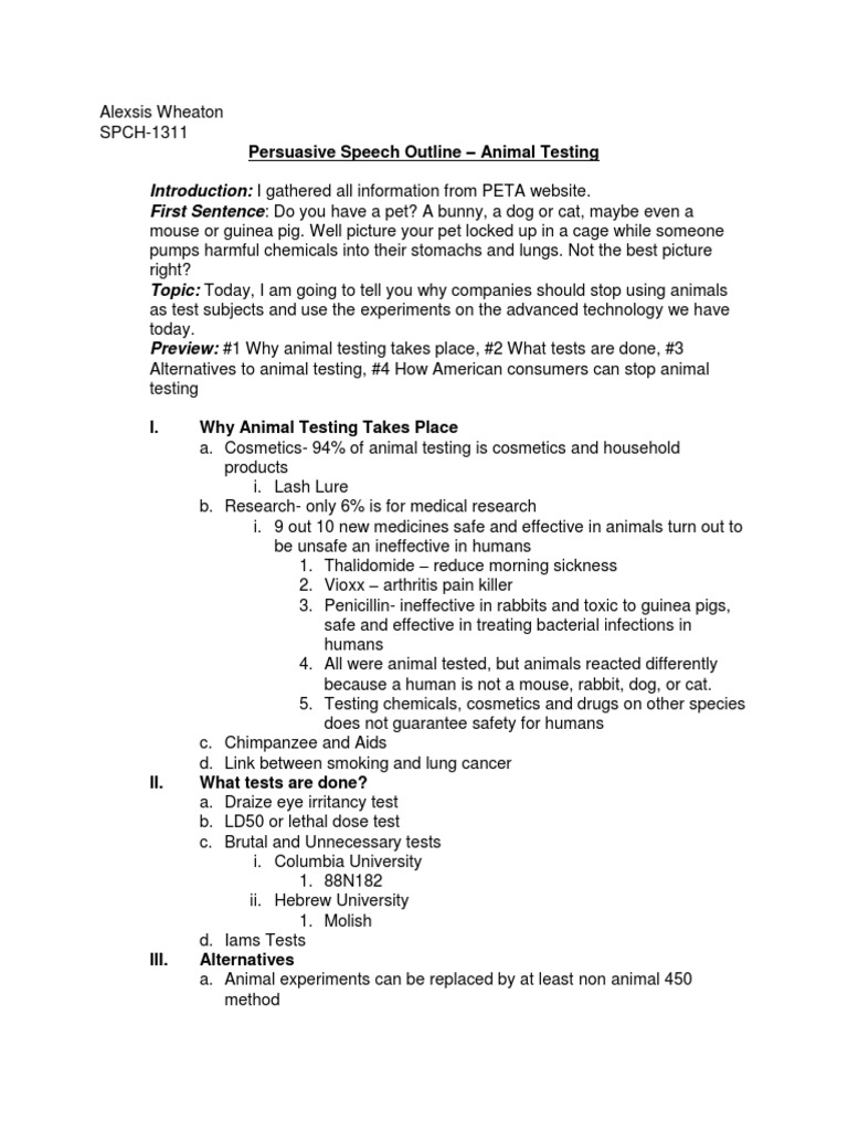 Persuasive Speech Outline1 | PDF | Animal Testing | Health Sciences