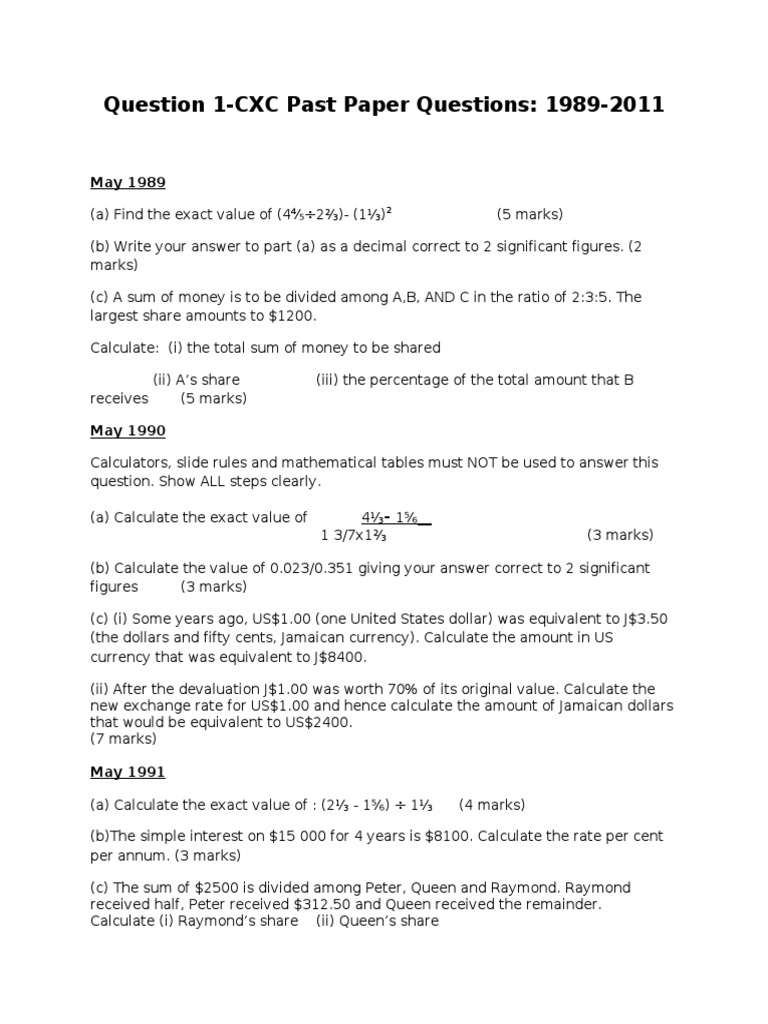 CXC Mathematics Past Paper Questions | PDF | Percentage | Pound Sterling