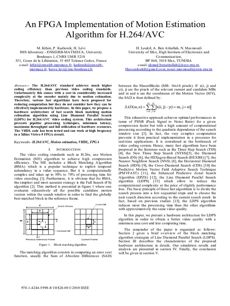 An FPGA Implementation of Motion Estimation Algorithm For H 264AVC | PDF | Field Programmable ...