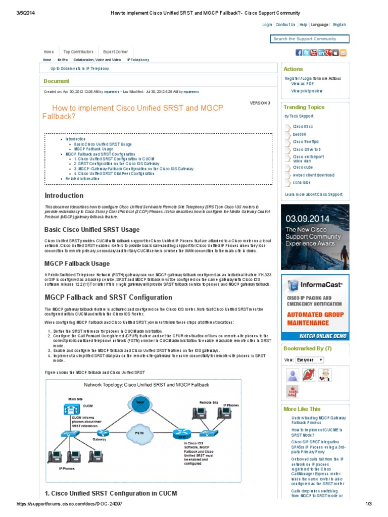 How To Implement Cisco Unified SRST and MGCP Fallback - Cisco Support ...
