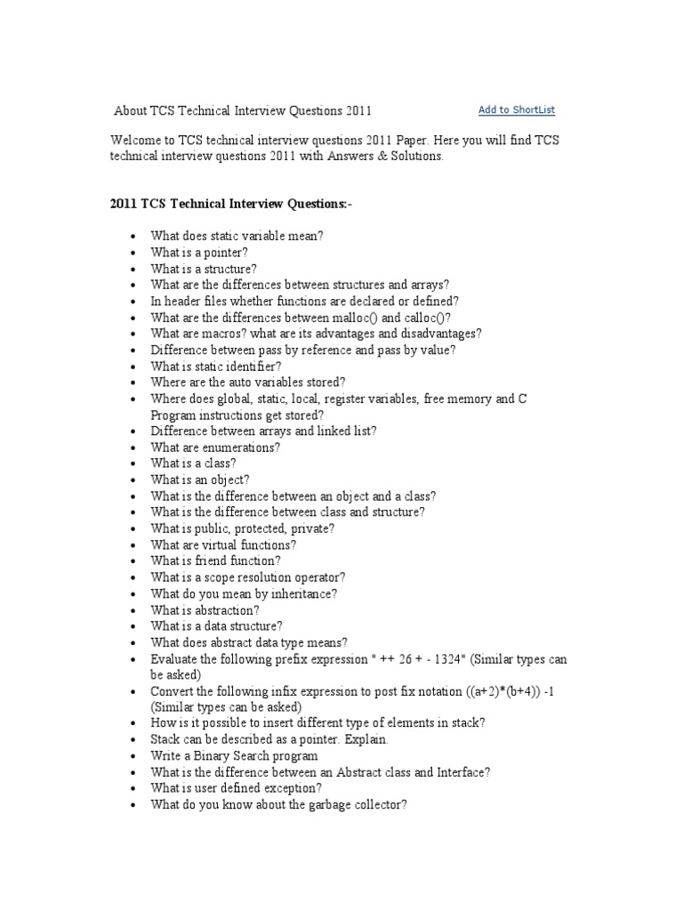 2011 Tcs Technical Interview Questions:-: Add To Shortlist | PDF | Office Equipment | Software ...