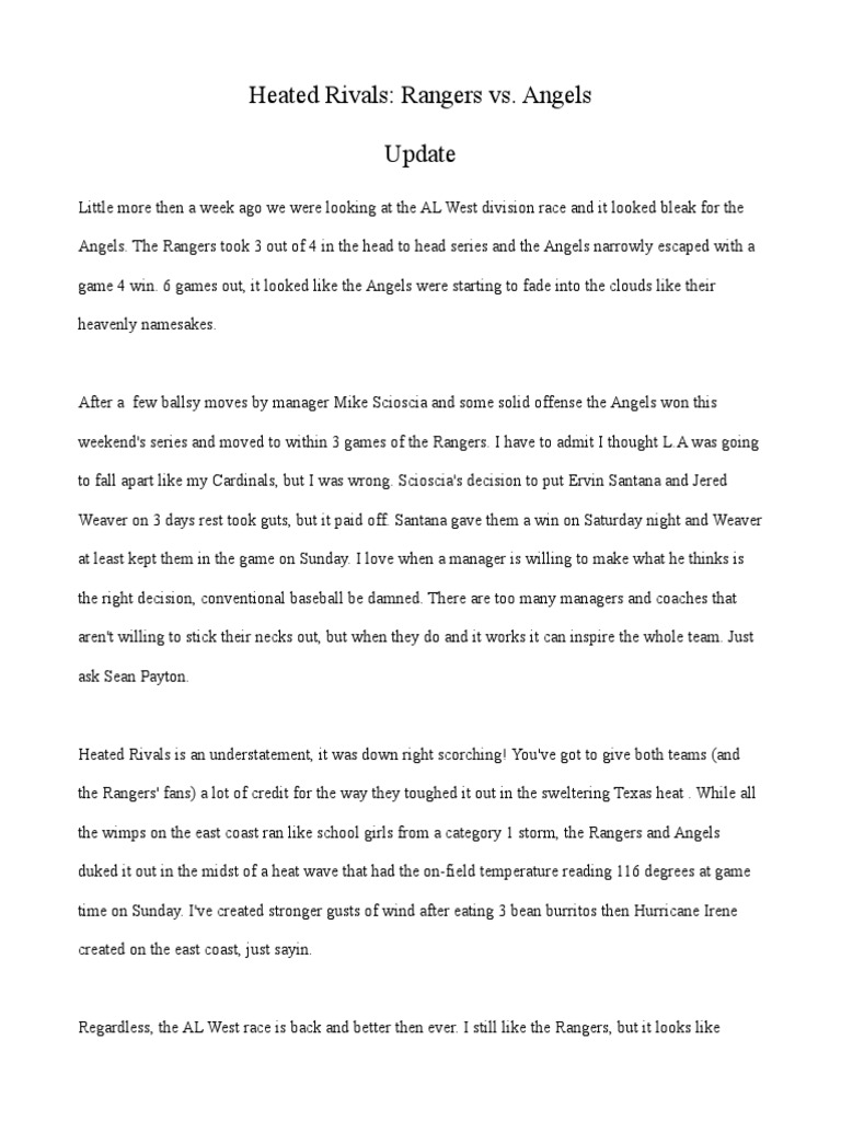 Heated Rivals, Angels Rangers Update | PDF