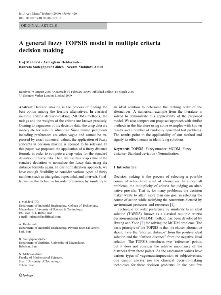 Fuzzy TOPSIS Model for MCDM Solutions | PDF | Fuzzy Logic | Applied ...