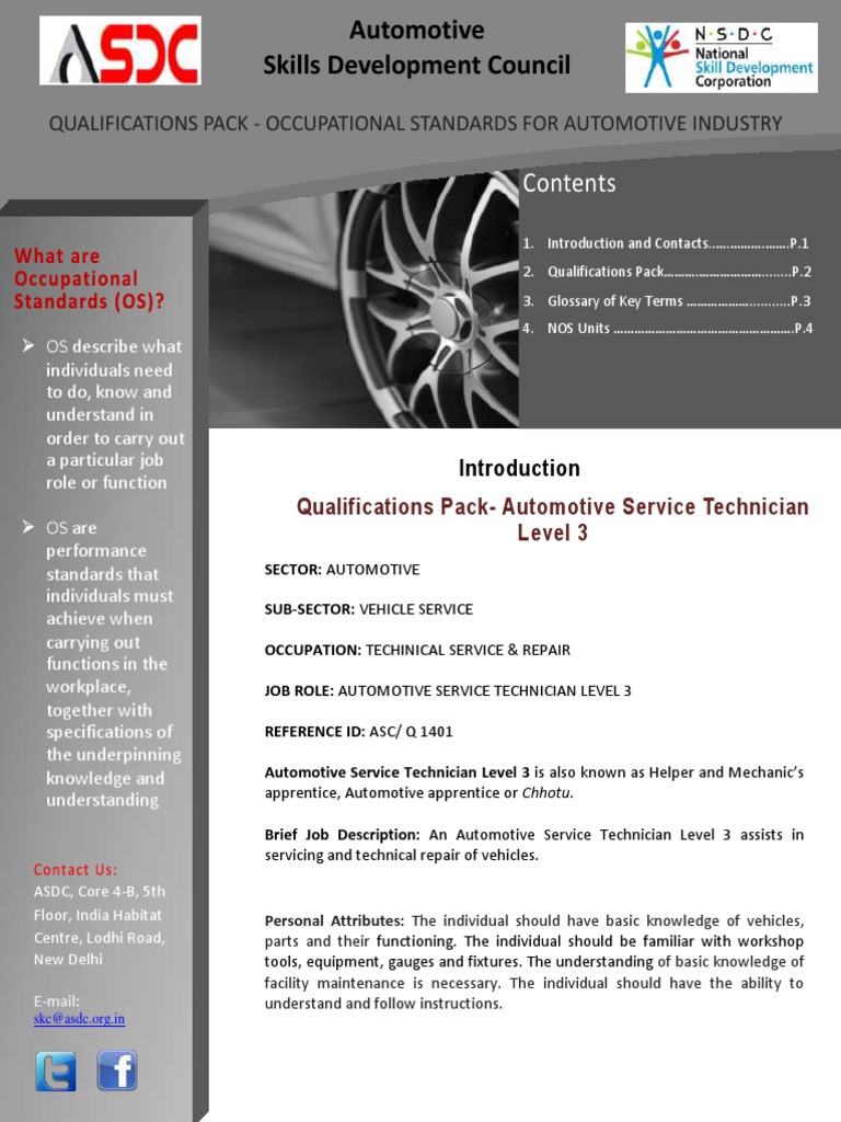Automotive Technician Level 3 NSDC NOS Brochure | PDF | Manual ...