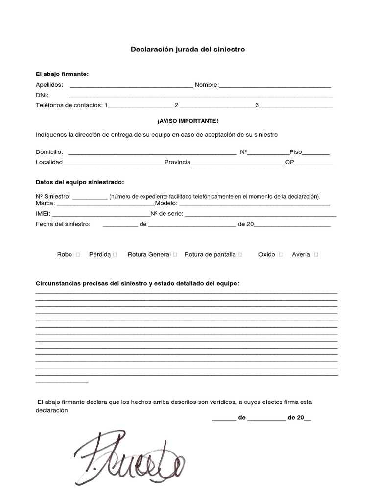 Declaracion Jurada de Siniestro Generica | PDF