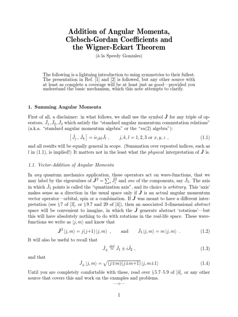 Addition of Angular Momenta, Clebsch-Gordan Coefficients and The Wigner-Eckart Theorem | PDF ...