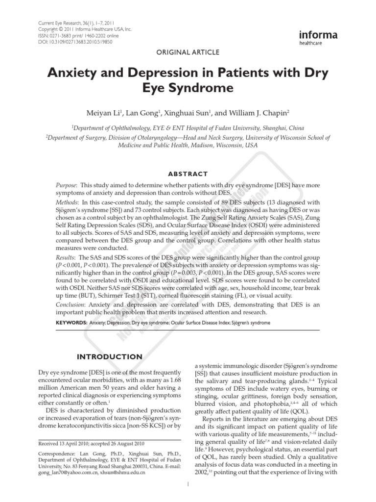 Anxiety and Depression With Dry Eye Syndrome | PDF | Major Depressive ...