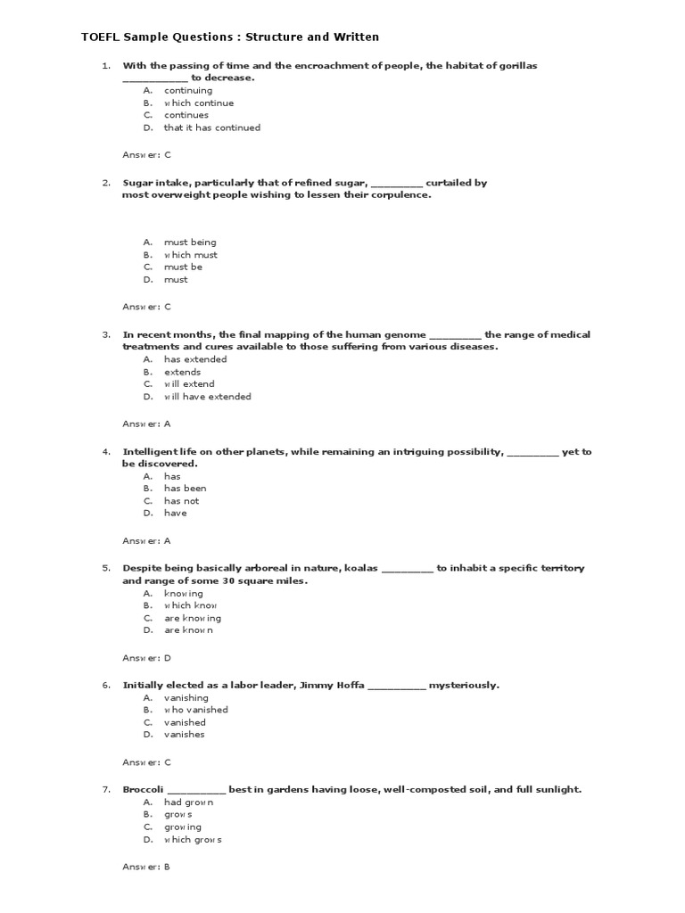 TOEFL Sample Questions: Structure and Written: - To Decrease | PDF