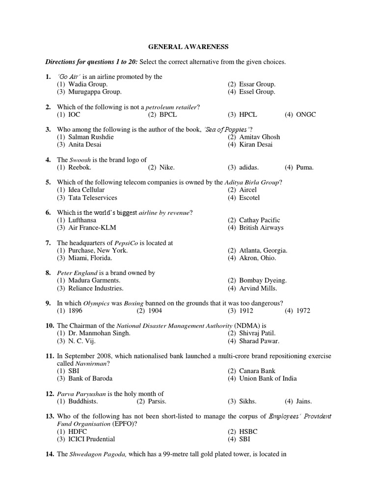 Directions For Questions 1 To 20: Select The Correct Alternative From The Given Choices | PDF ...