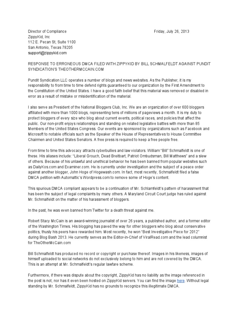 Response to False DMCA by Schmalfeldt | PDF | Digital Millennium ...